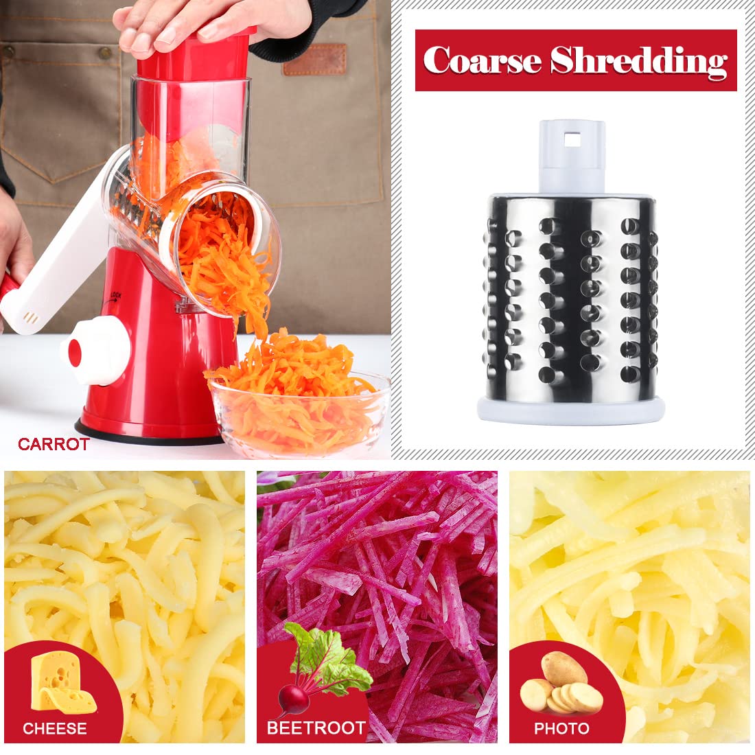Ourokhome Rotary Cheese Grater Hand Crank, Kitchen Shredder Speed Mandolin Slicer Nut Grinder with Handle and Drum Blades for Cheese, Vegetable, Walnut, Chocolate, Potato, Carrot, 3 Blades, Red
