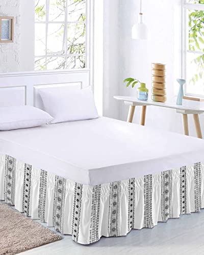Boho Bed Skirt King Size 18 Inch Drop, Adjustable & Elastic Wrap Around Bed Skirts Pleated Luxury Dust Ruffles for Twin Full Queen Cal King Base Bed, Casual Geometric Tribal Modern Black White