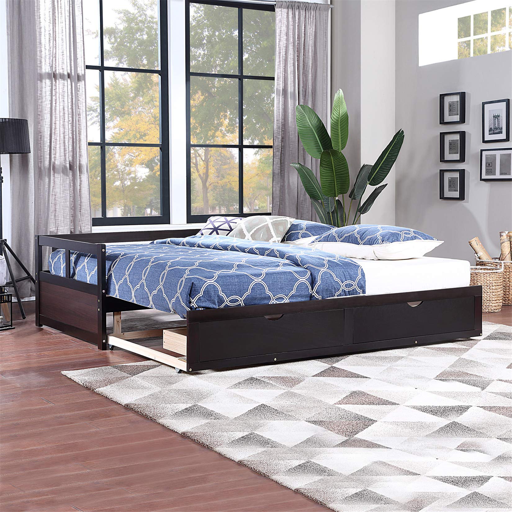 Daybed with Trundle and Drawers, Twin to King Design Sofa Bed,Wooden Extendable Bed Daybed for Bedroom Living Room, Espresso