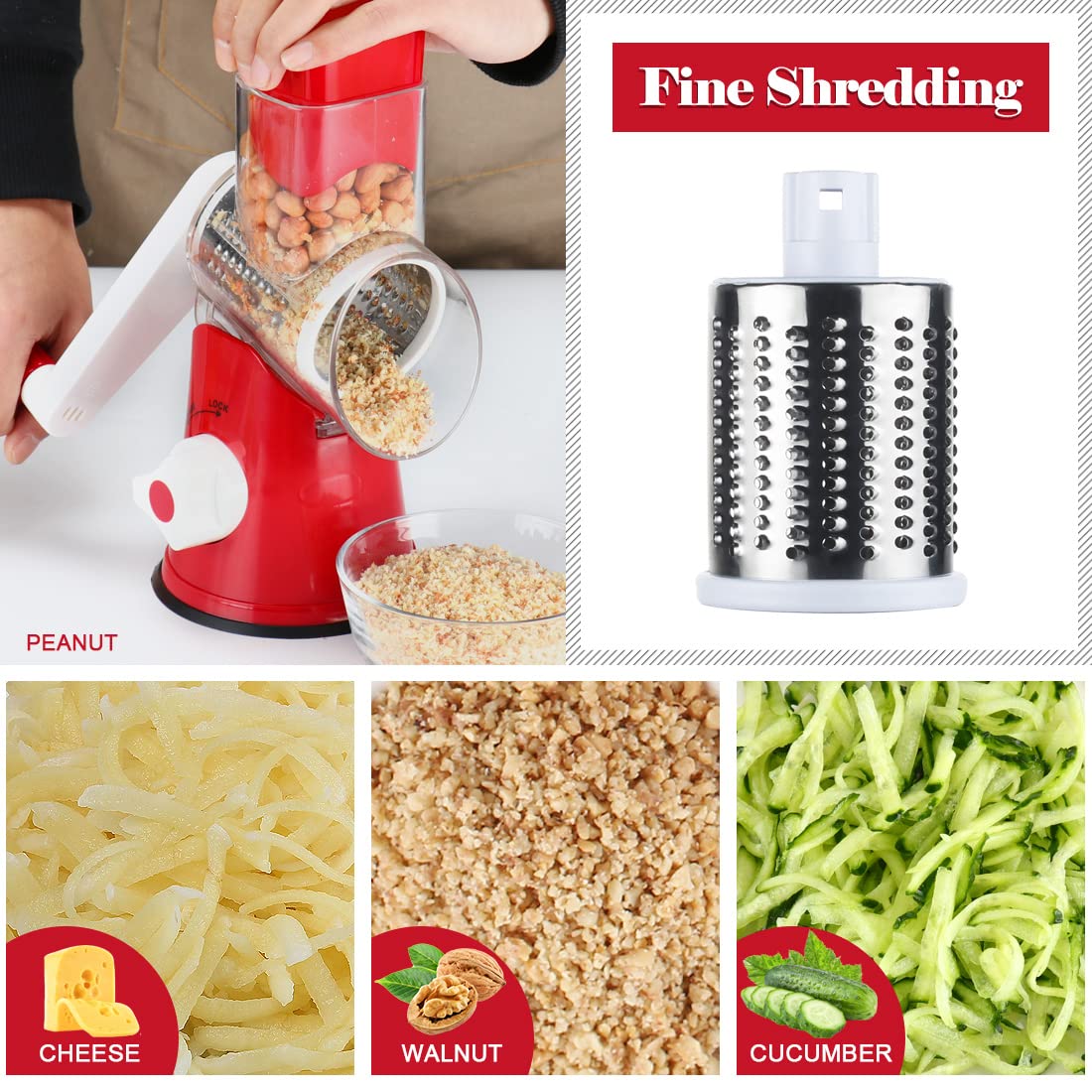 Ourokhome Rotary Cheese Grater Hand Crank, Kitchen Shredder Speed Mandolin Slicer Nut Grinder with Handle and Drum Blades for Cheese, Vegetable, Walnut, Chocolate, Potato, Carrot, 3 Blades, Red