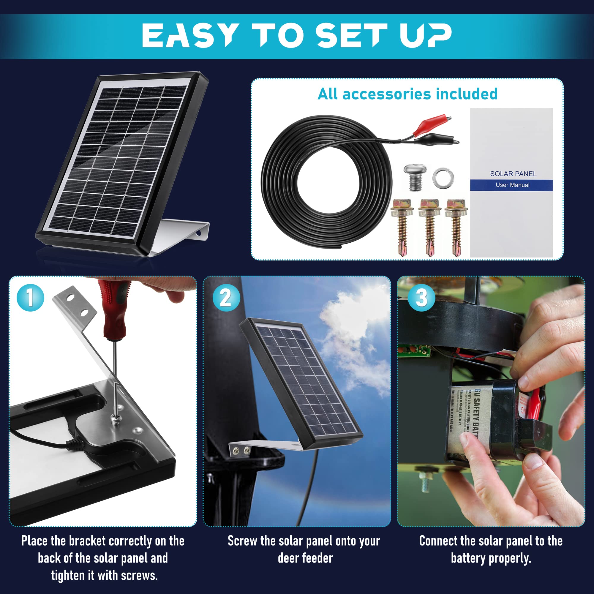 Solar Panel for Deer Feeder 12V 3.5W Waterproof Outdoor Solar Battery Charger with Metal Mounting Bracket Alligator Clip Feeder Solar Panel