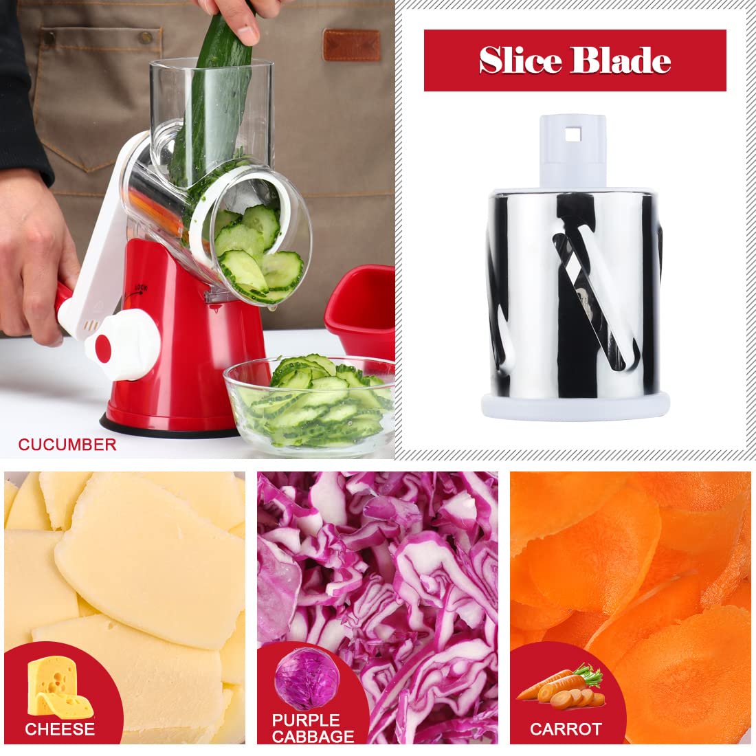 Ourokhome Rotary Cheese Grater Hand Crank, Kitchen Shredder Speed Mandolin Slicer Nut Grinder with Handle and Drum Blades for Cheese, Vegetable, Walnut, Chocolate, Potato, Carrot, 3 Blades, Red