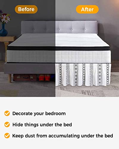 Boho Bed Skirt King Size 18 Inch Drop, Adjustable & Elastic Wrap Around Bed Skirts Pleated Luxury Dust Ruffles for Twin Full Queen Cal King Base Bed, Casual Geometric Tribal Modern Black White