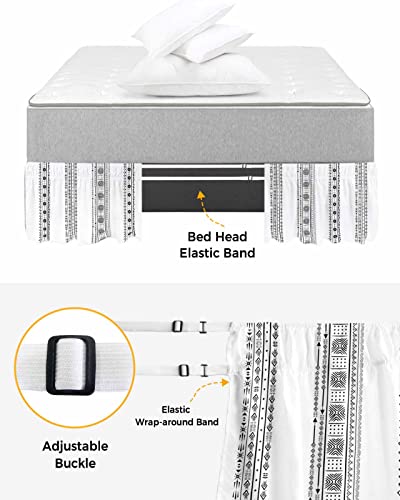 Boho Bed Skirt King Size 18 Inch Drop, Adjustable & Elastic Wrap Around Bed Skirts Pleated Luxury Dust Ruffles for Twin Full Queen Cal King Base Bed, Casual Geometric Tribal Modern Black White