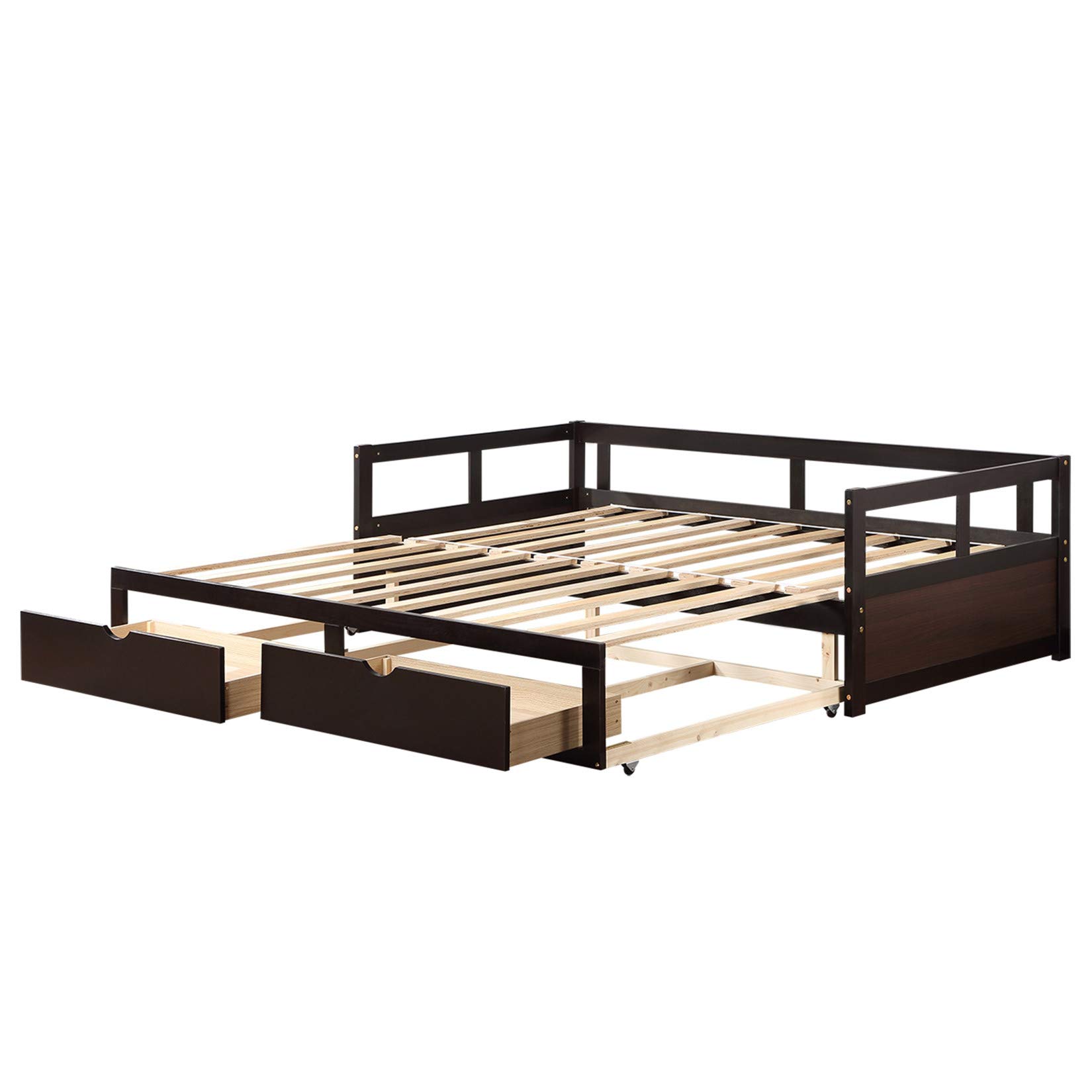 Daybed with Trundle and Drawers, Twin to King Design Sofa Bed,Wooden Extendable Bed Daybed for Bedroom Living Room, Espresso