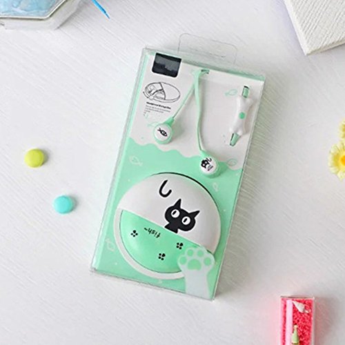 QearFun Stereo 3.5mm in Ear Cat Earphones Earbuds with Microphone with Earphone Storage Case for Smartphone MP3 iPod PC Music (Green)