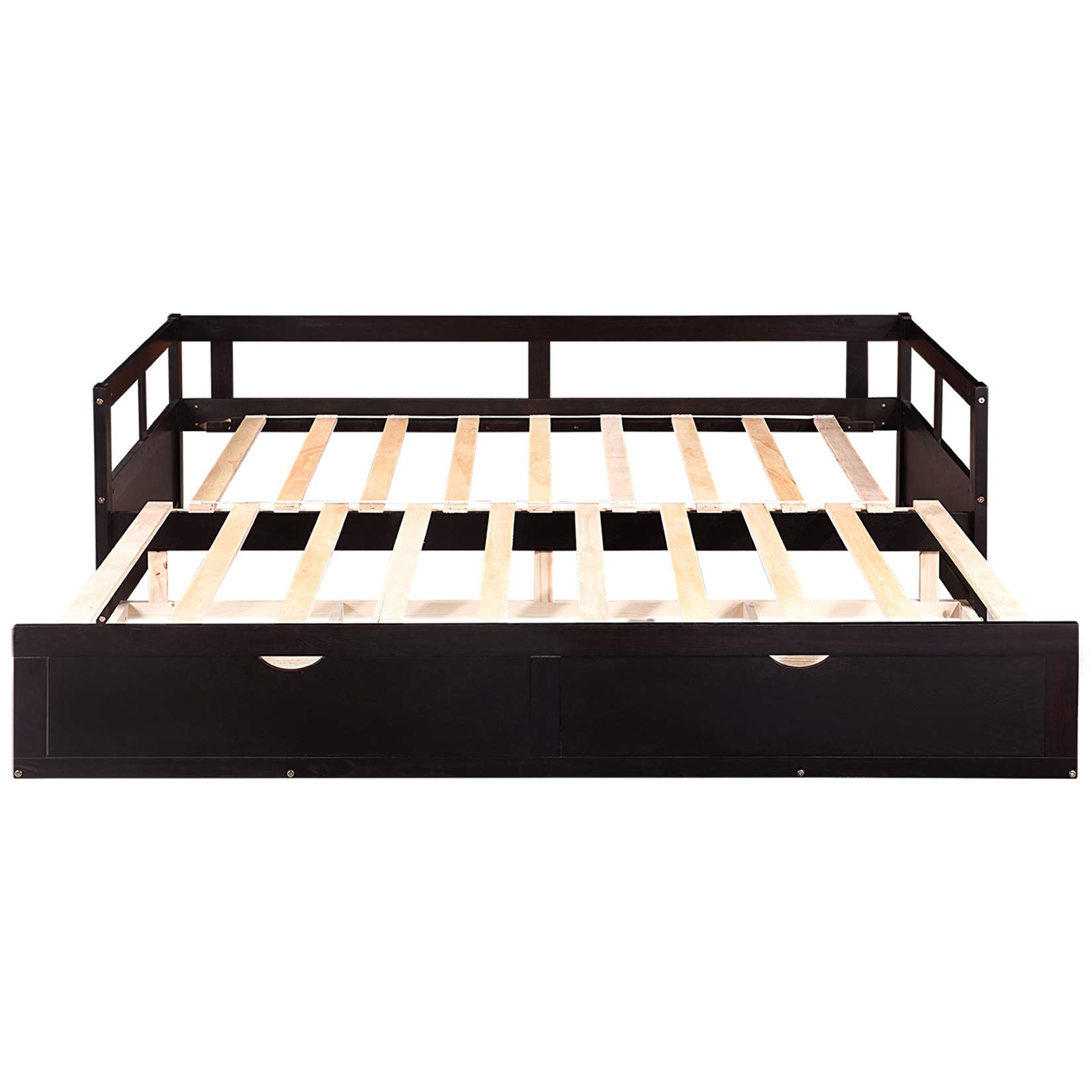 Daybed with Trundle and Drawers, Twin to King Design Sofa Bed,Wooden Extendable Bed Daybed for Bedroom Living Room, Espresso