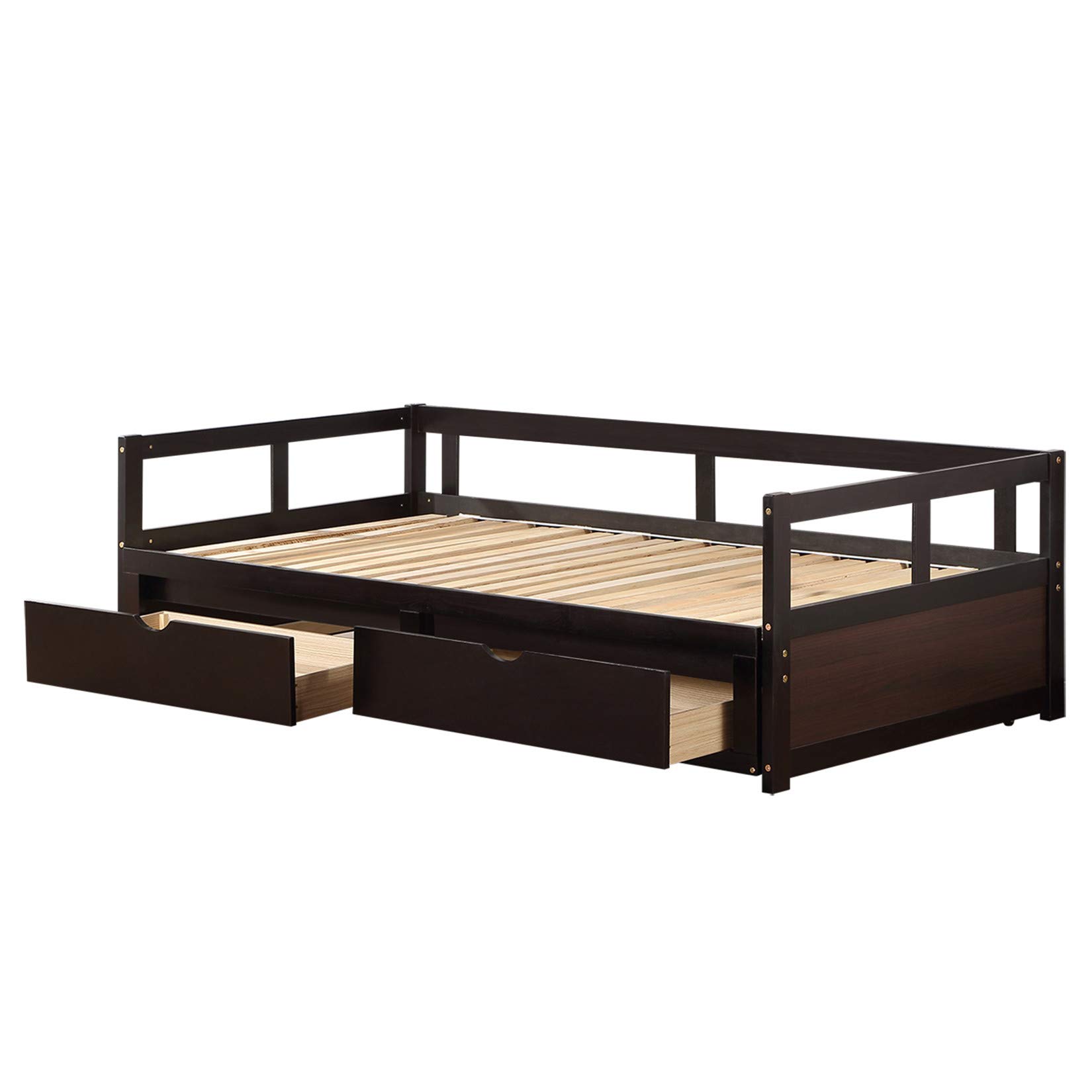 Daybed with Trundle and Drawers, Twin to King Design Sofa Bed,Wooden Extendable Bed Daybed for Bedroom Living Room, Espresso