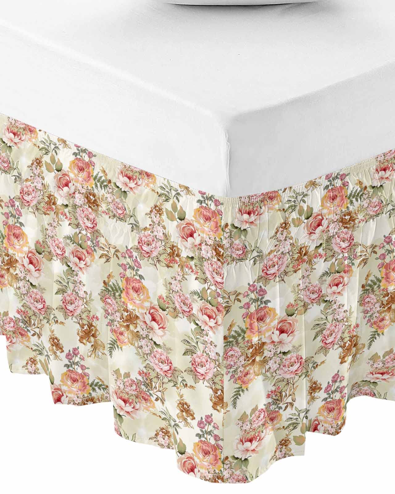 Classical Flowers Bed Skirt Queen Size 16 Inch Drop,Adjustable & Elastic Wrap Around Bed Skirts Pleated Luxury Dust Ruffles For Twin Full Queen Cal King Base Bed,Vintage Luxurious Florals Retro Leaves