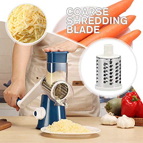 Tevokon Cheese Shredder Rotary Cheese Grater Manual Vegetable Slicer with 3 Interchangeable Stainless Steel Blades with Suction Base Cheese Grater and Cleaning Brush Dark Blue