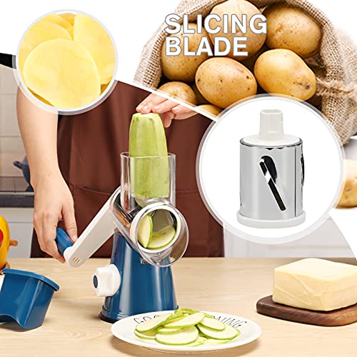 Tevokon Cheese Shredder Rotary Cheese Grater Manual Vegetable Slicer with 3 Interchangeable Stainless Steel Blades with Suction Base Cheese Grater and Cleaning Brush Dark Blue