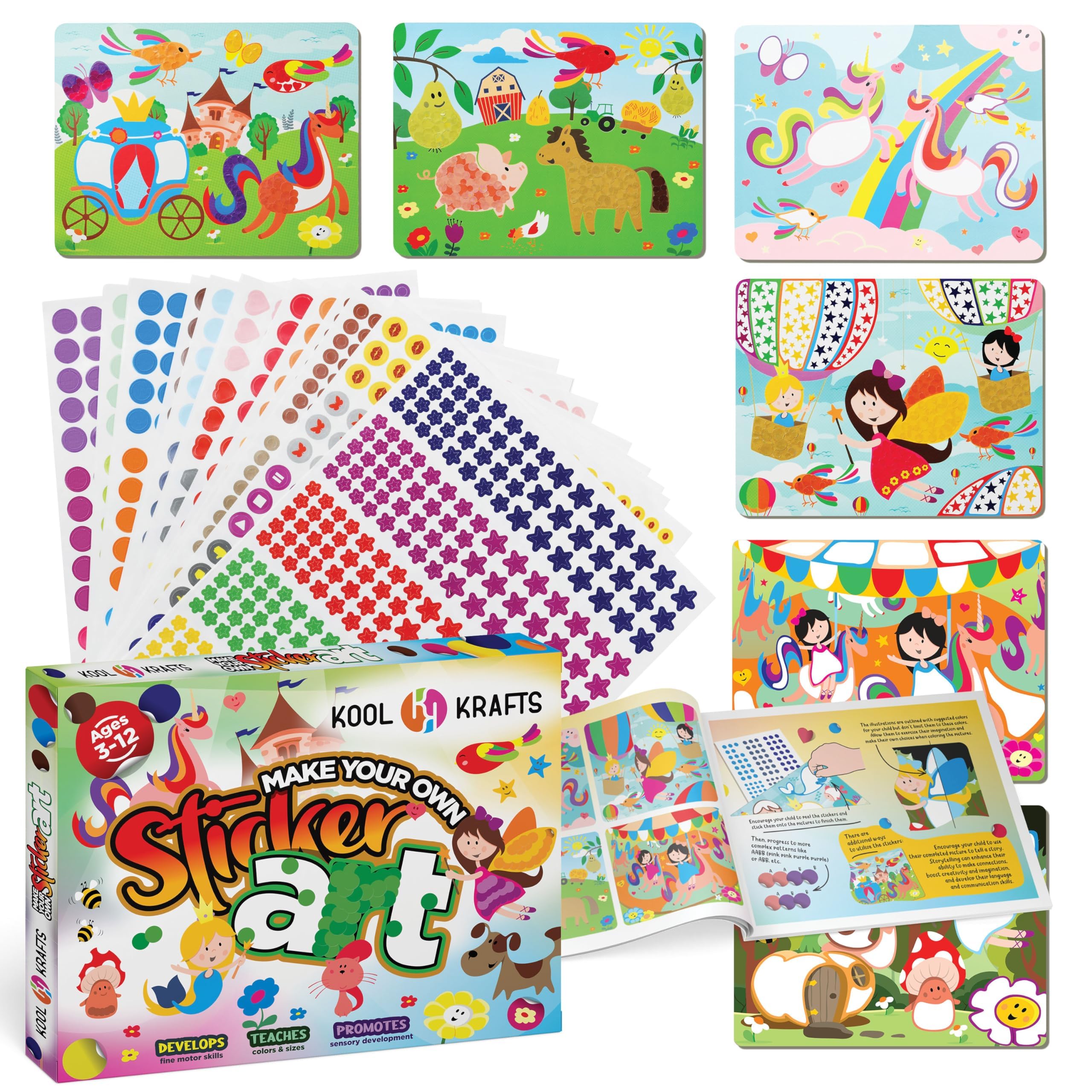 Princes, Fairies, Unicorns, Sticker Art Activity - 8 Large Colorful Sticker Fill in Projects - Mess Free Sticker Art for Kids, Craft Kits, DIY Activity, Gifts for Girls & Boys Ages 3, 4, 5, 6, 7, DIY