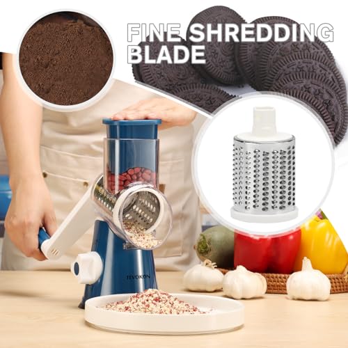 Tevokon Cheese Shredder Rotary Cheese Grater Manual Vegetable Slicer with 3 Interchangeable Stainless Steel Blades with Suction Base Cheese Grater and Cleaning Brush Dark Blue
