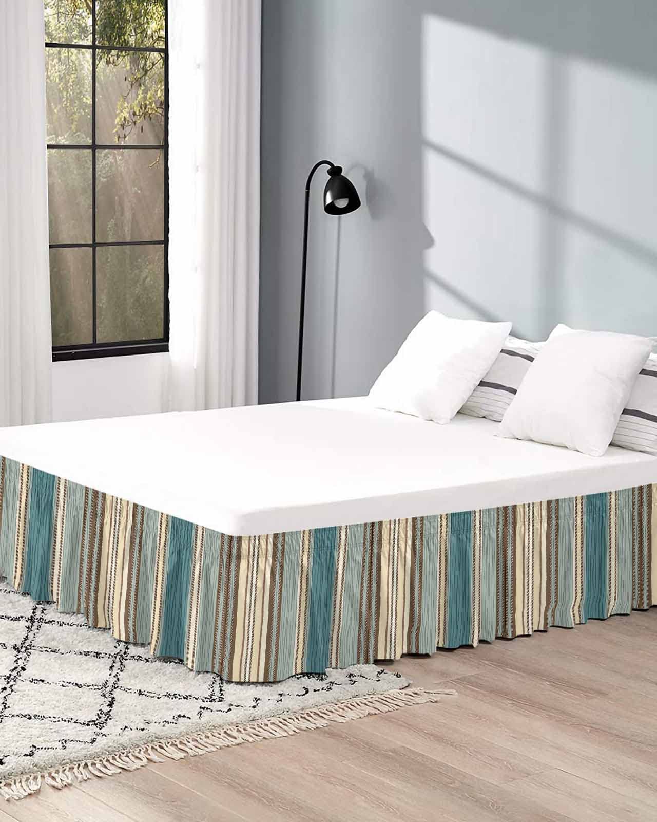 Teal Blue Green Striped Boho Bed Skirt Queen Size 18 Inch Drop,Adjustable & Elastic Wrap Around Bed Skirts Luxury Ruffles for Twin Full Queen Cal King Bed,Antique Southwestern Native Pattern Tribal