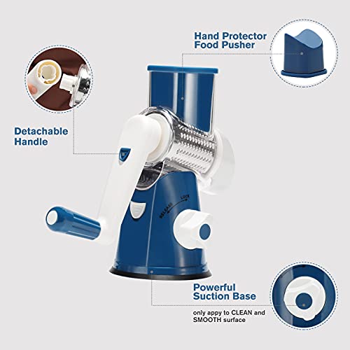 Tevokon Cheese Shredder Rotary Cheese Grater Manual Vegetable Slicer with 3 Interchangeable Stainless Steel Blades with Suction Base Cheese Grater and Cleaning Brush Dark Blue