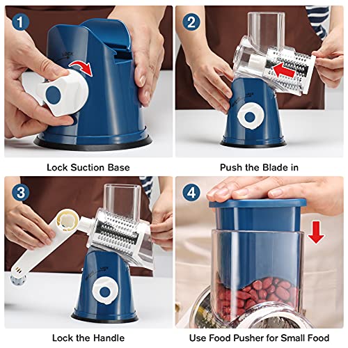 Tevokon Cheese Shredder Rotary Cheese Grater Manual Vegetable Slicer with 3 Interchangeable Stainless Steel Blades with Suction Base Cheese Grater and Cleaning Brush Dark Blue