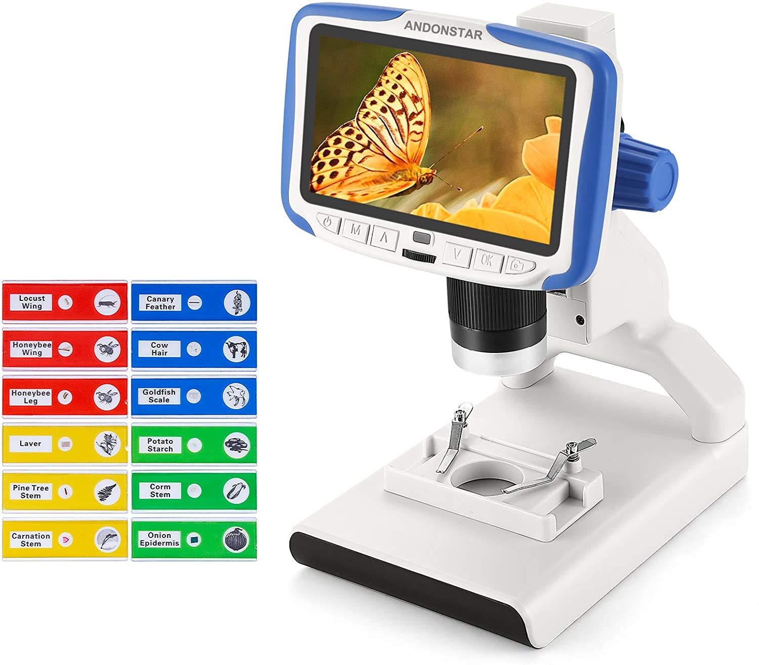 Andonstar AD205 Digital Microscope 200X Magnification USB LCD Microscope for Children, Student, Hobbyist DIY, with Slides Kit School Lab Fun&Educational Plant Insect Specimen Slides Observation