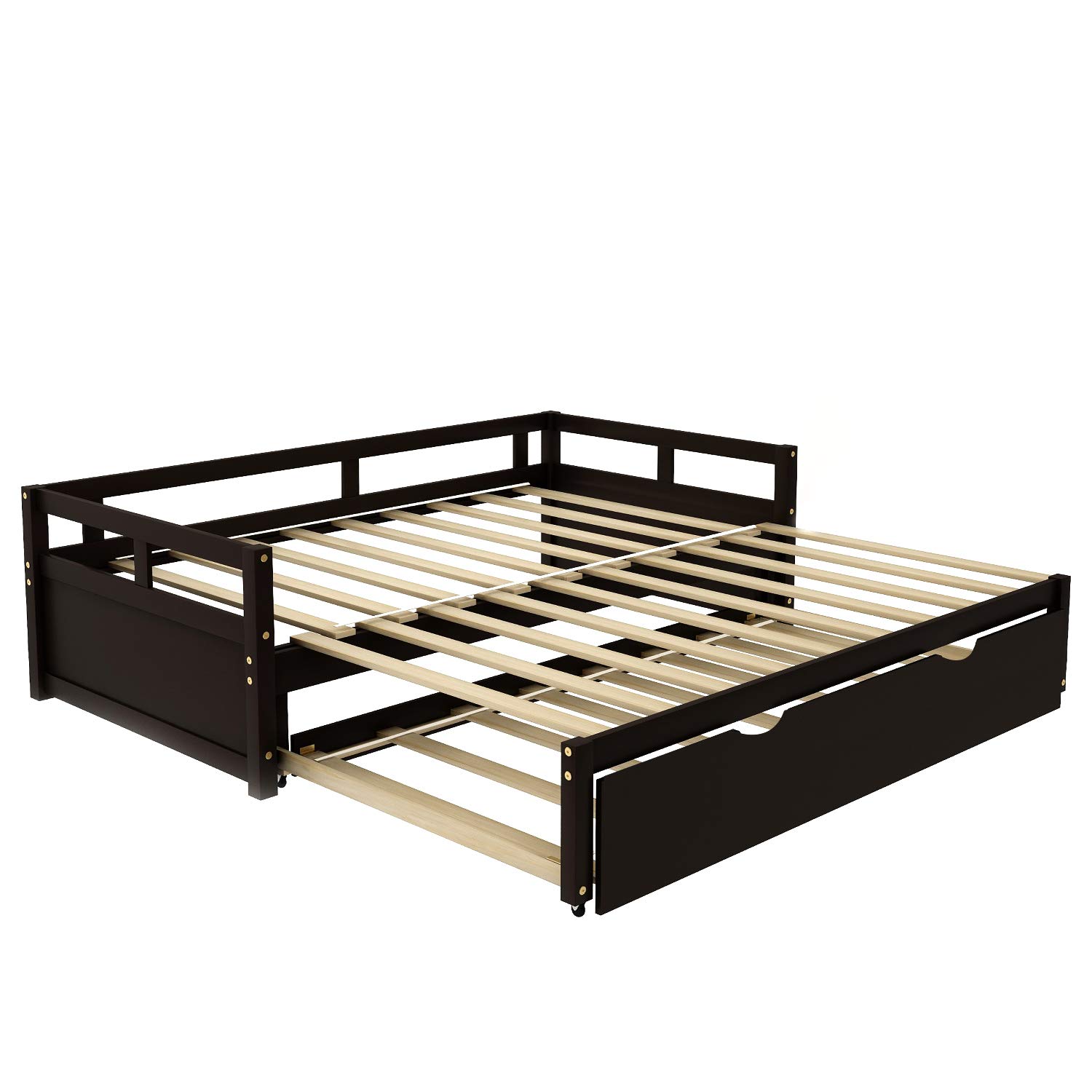 Merax Extending Daybed with Trundle, Twin to King Wooden Daybed with Easy Pull-Out and in Trundle, Sofa Bed Frame for Kids, Teens, Bedroom Furniture, Espresso
