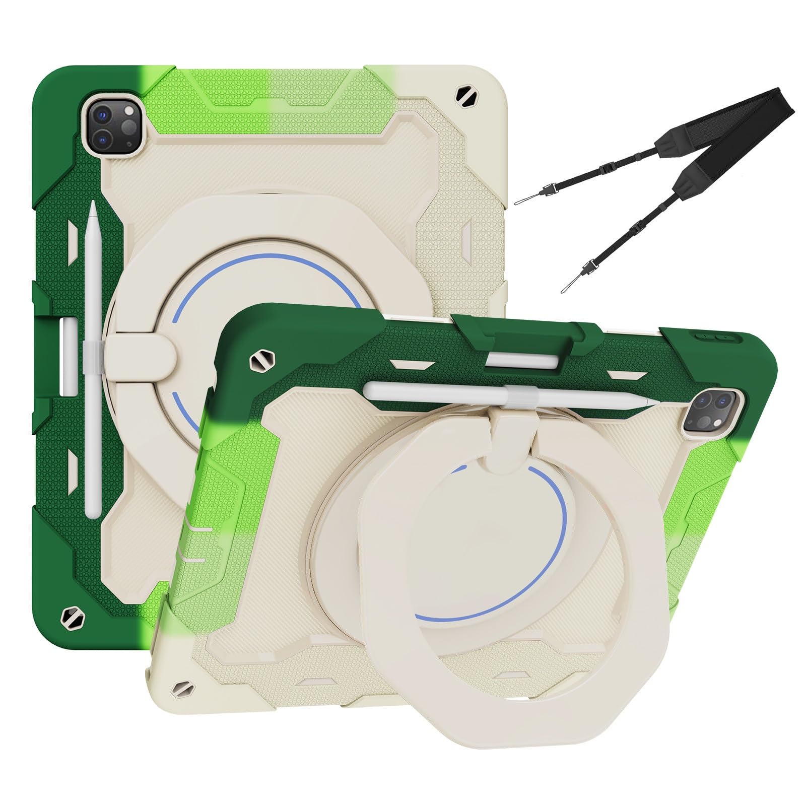 SLLMYYX 360 Degree Swivel 3in1 Shockproof Case for iPad Pro 12.9 inch 6th/5th/4th Gen with Shoulder Strap & Handle, 2022/2021/2020 with Shoulder Strap & Handle, Colorful Green