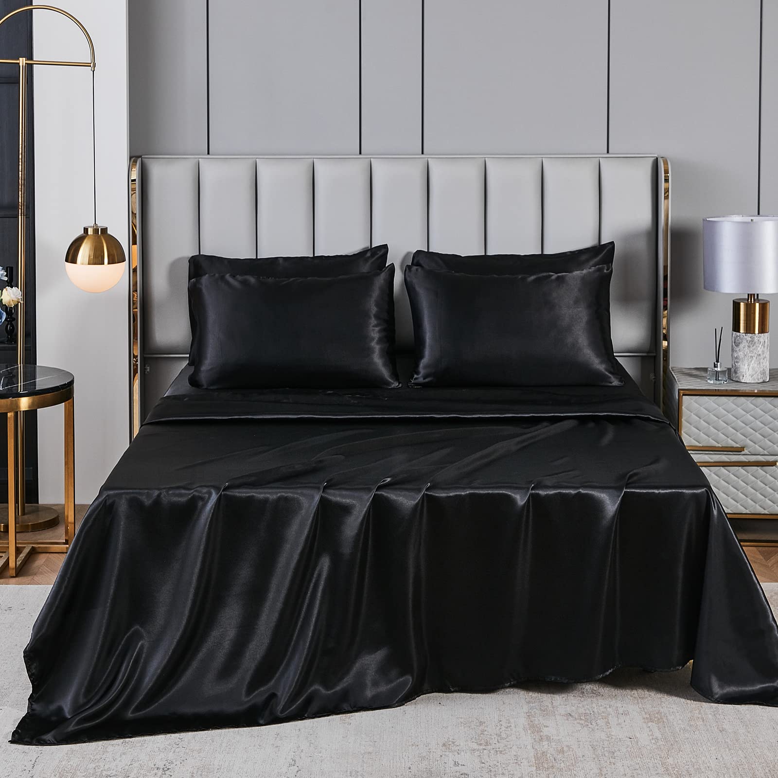 Black Silky Comforter Set Satin Queen Bed in a Bag 8 Pieces Luxury Hotel Silky Bedding with 1 Comforter, 1 Flat Sheet, 1 Fitted Sheet, 4 Pillowcases, 1 Cushion Cover (Queen, Black)