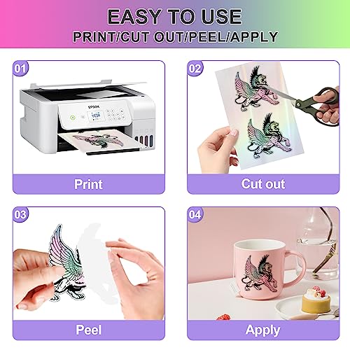Printable Vinyl Sticker Paper DIY Decal Paper for Inkjet & Laser Printer Self-Adhesive Sheets Holographic Transparent 100 Sheets 8.5X11"