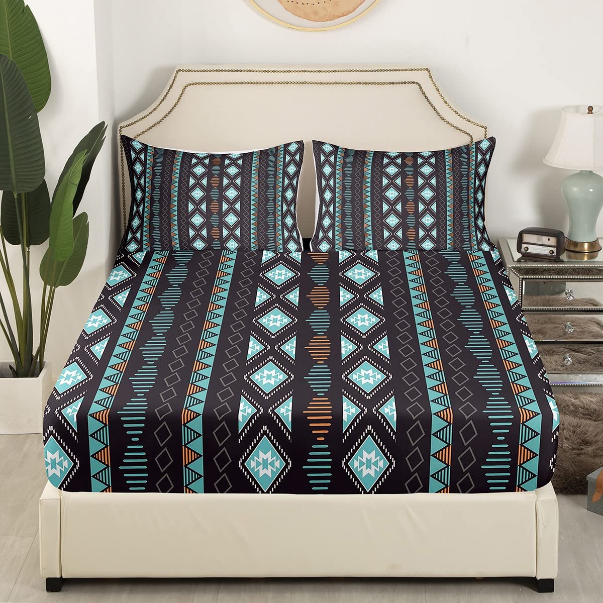 Bohemian Fitted Sheet Boho Aztec Striped Sheet Set for Teens Boys,Tribe Geometry Triangle Bed Sheets Mexican Bed Cover Exotic Nordic Southwestern Decor Full,Black