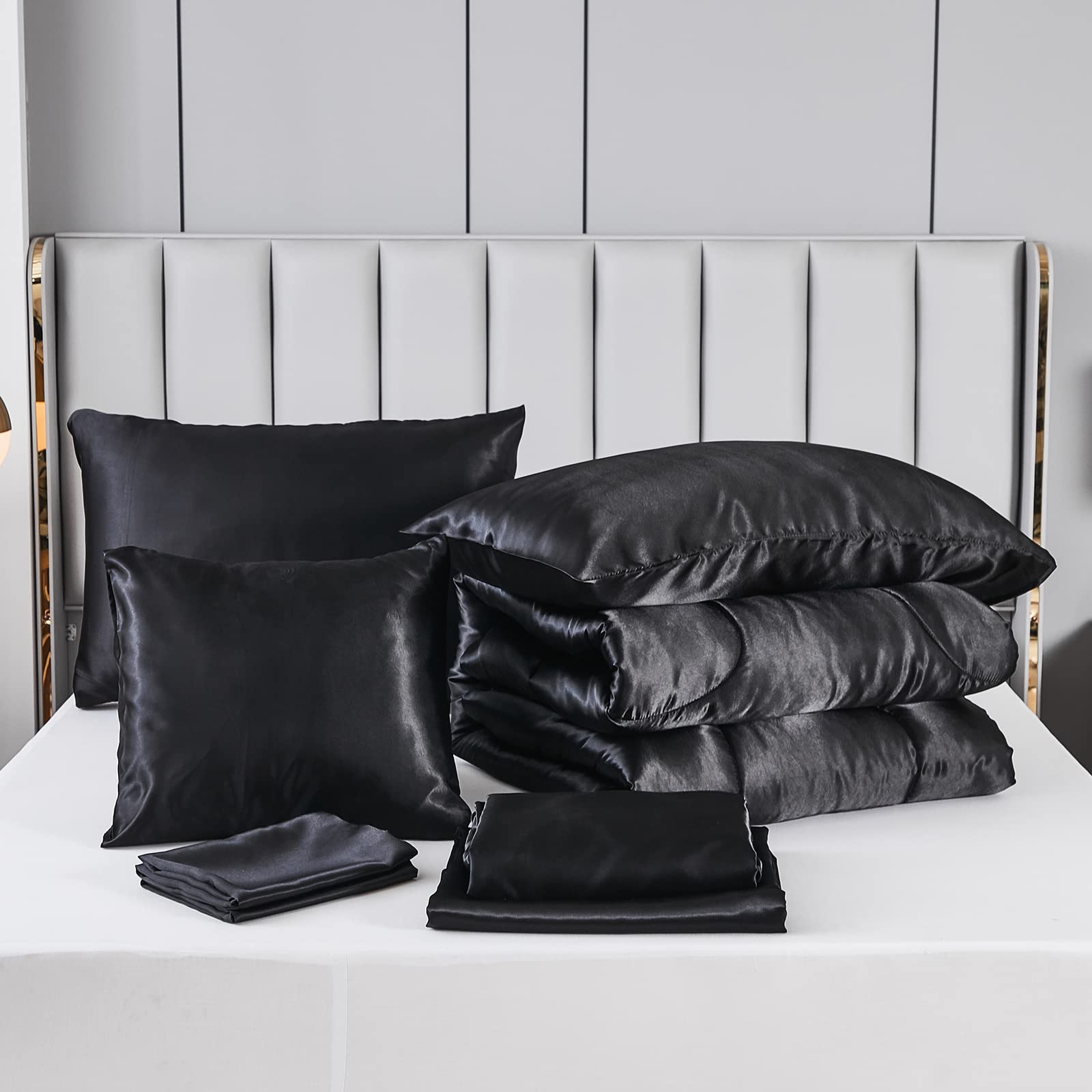 Black Silky Comforter Set Satin Queen Bed in a Bag 8 Pieces Luxury Hotel Silky Bedding with 1 Comforter, 1 Flat Sheet, 1 Fitted Sheet, 4 Pillowcases, 1 Cushion Cover (Queen, Black)