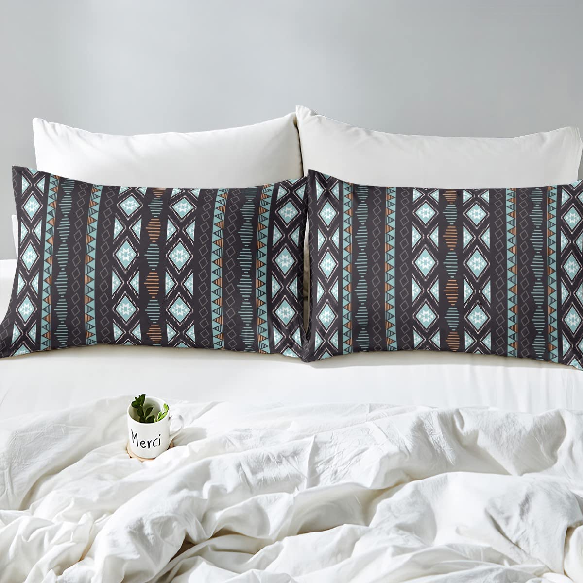 Bohemian Fitted Sheet Boho Aztec Striped Sheet Set for Teens Boys,Tribe Geometry Triangle Bed Sheets Mexican Bed Cover Exotic Nordic Southwestern Decor Full,Black