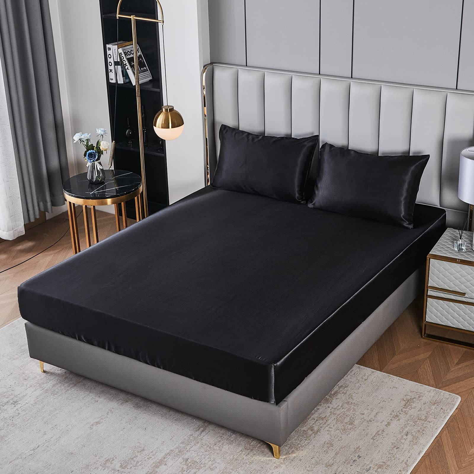 Black Silky Comforter Set Satin Queen Bed in a Bag 8 Pieces Luxury Hotel Silky Bedding with 1 Comforter, 1 Flat Sheet, 1 Fitted Sheet, 4 Pillowcases, 1 Cushion Cover (Queen, Black)