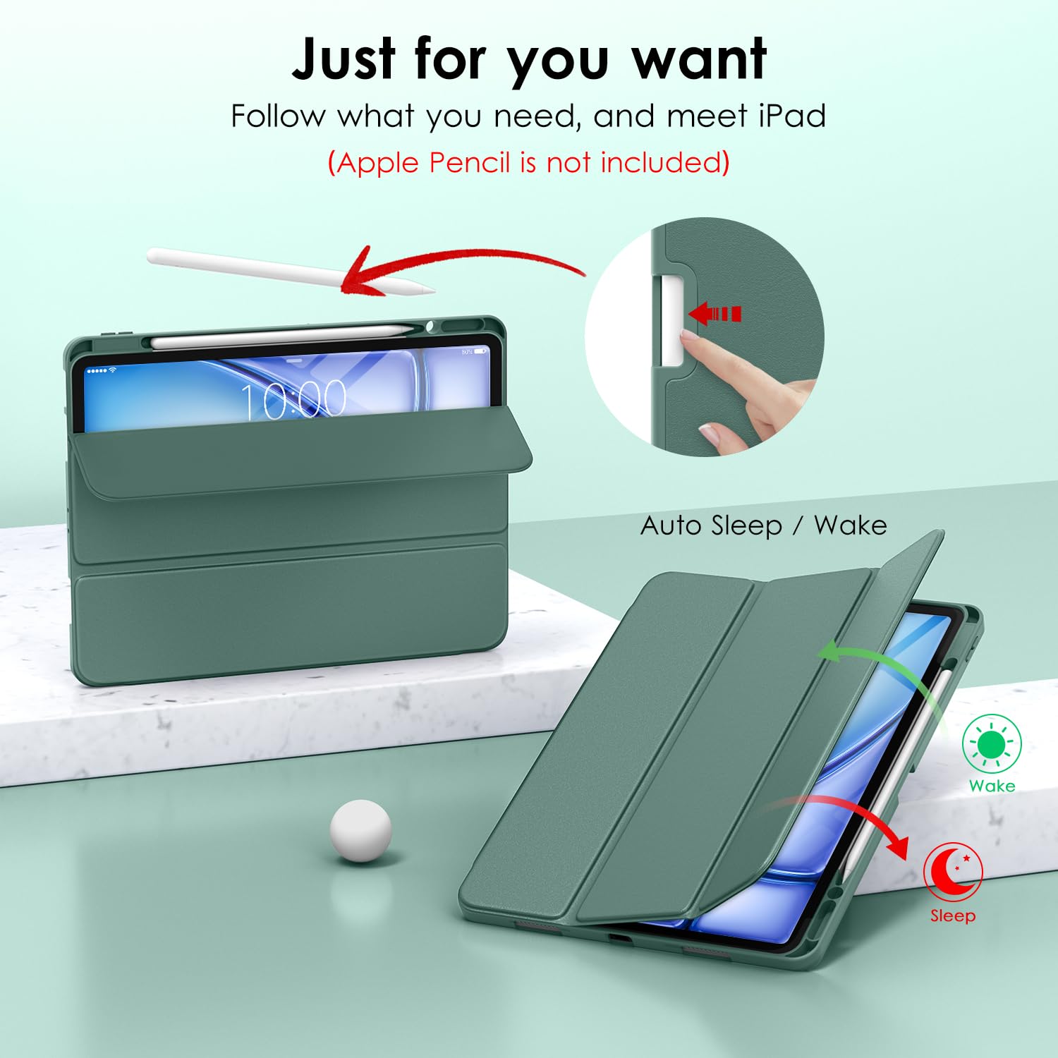 DTTO for iPad Air 13 Inch Case M3/M2 2025/2024, iPad Pro 12.9 Inch Case (6th/ 5th/ 4th/ 3rd Gen), Smart Slim Trifold Stand Soft Cover with Pencil Holder for iPad Air 13", Midnight Green