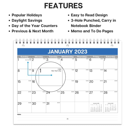 Dunwell Small Wall Calendar 2023-2024 - (Blue, 8.5x11"), Use Now to June 2024, Monthly Calendar for Notebook, Three Hole Punched, Use with Binder Folder, Desk or Wall, or Desktop Calendar 2023 2024