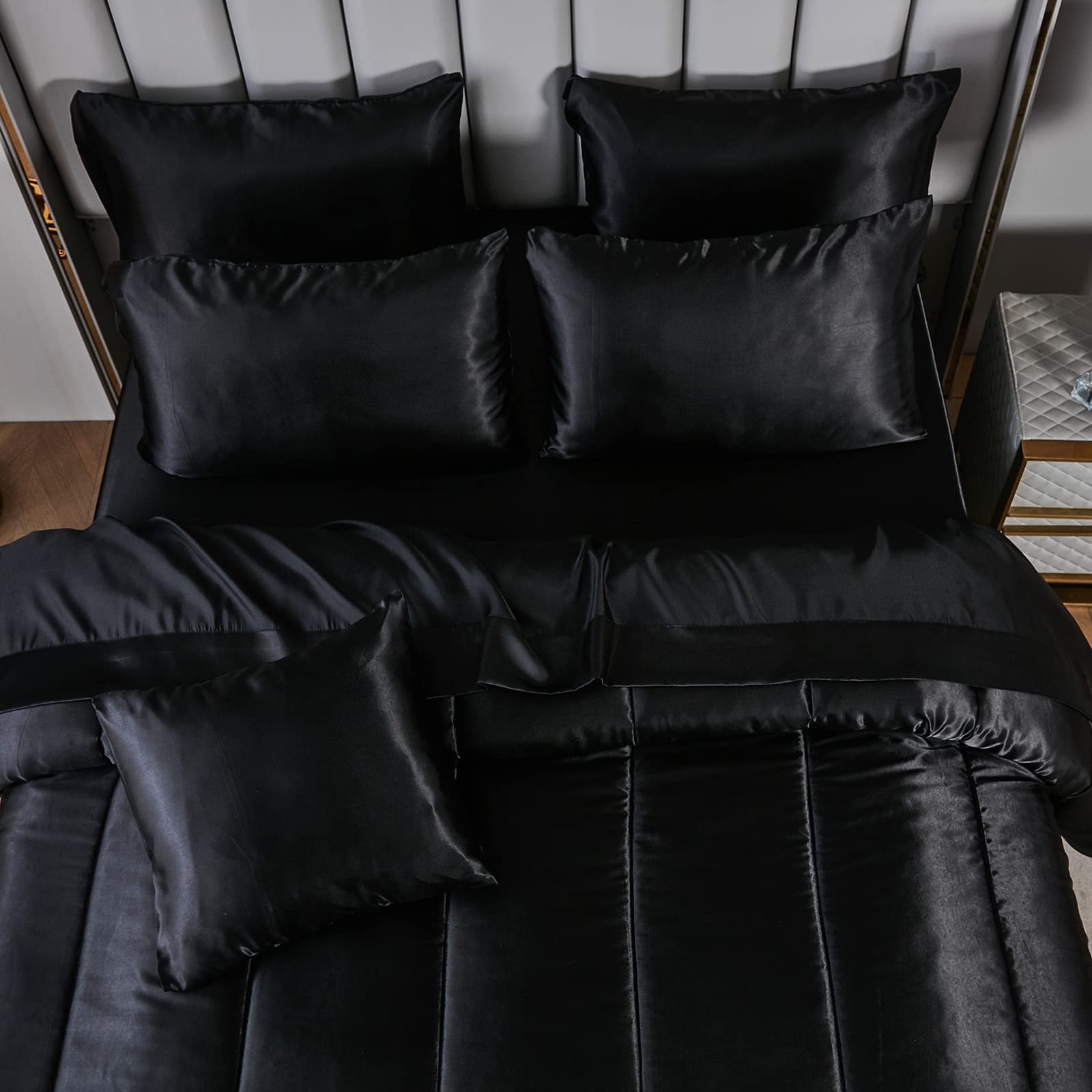 Black Silky Comforter Set Satin Queen Bed in a Bag 8 Pieces Luxury Hotel Silky Bedding with 1 Comforter, 1 Flat Sheet, 1 Fitted Sheet, 4 Pillowcases, 1 Cushion Cover (Queen, Black)