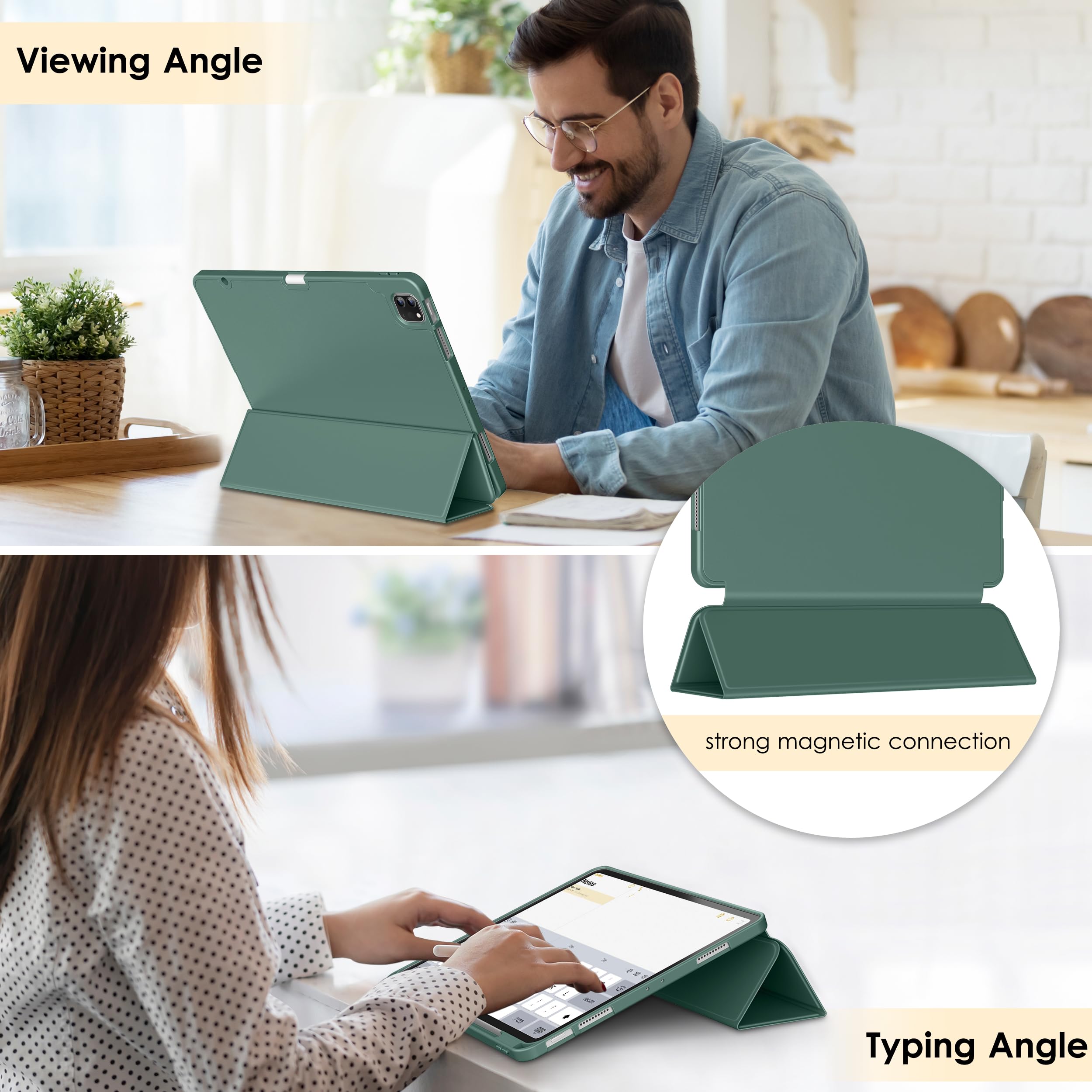 DTTO for iPad Air 13 Inch Case M3/M2 2025/2024, iPad Pro 12.9 Inch Case (6th/ 5th/ 4th/ 3rd Gen), Smart Slim Trifold Stand Soft Cover with Pencil Holder for iPad Air 13", Midnight Green