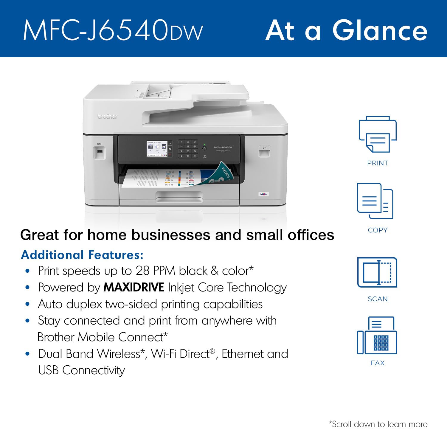 Brother MFC-J6540DW White Business Color Inkjet All-in-One Printer β Print, scan, Copy or fax up to 11βx17 (Ledger) Size Paper
