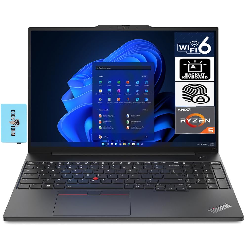 Lenovo ThinkPad E16 Gen 1 Business Laptop 16.0" WUXGA IPS Display 300 nits (AMD Ryzen 5 7530U 6-Core 2.00GHz, 12GB RAM, 256GB PCIe SSD, AMD Radeon, Backlit KYB, FP, WiFi 6, Win11Pro) w/Dockztorm Hub