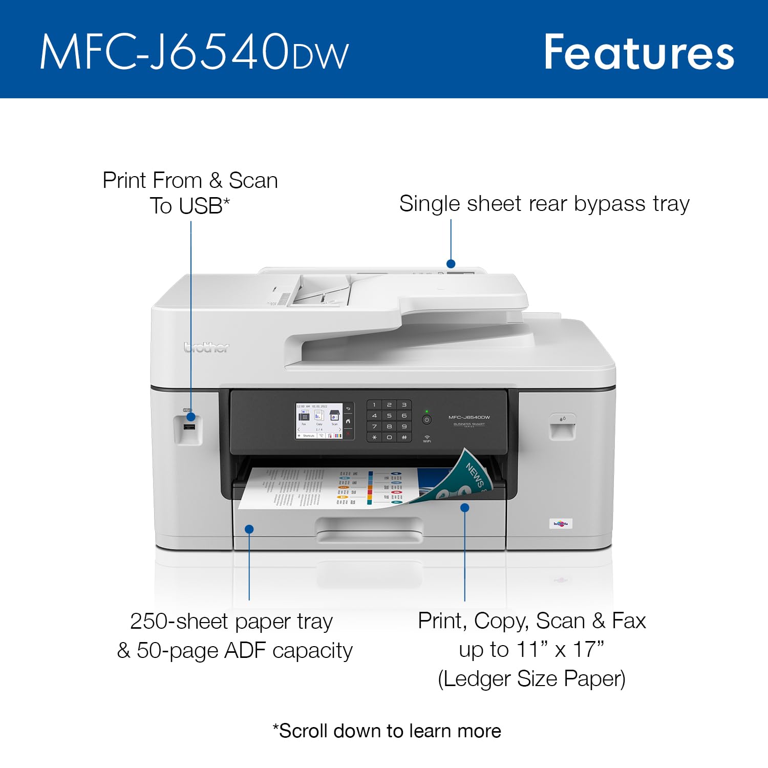 Brother MFC-J6540DW White Business Color Inkjet All-in-One Printer β Print, scan, Copy or fax up to 11βx17 (Ledger) Size Paper
