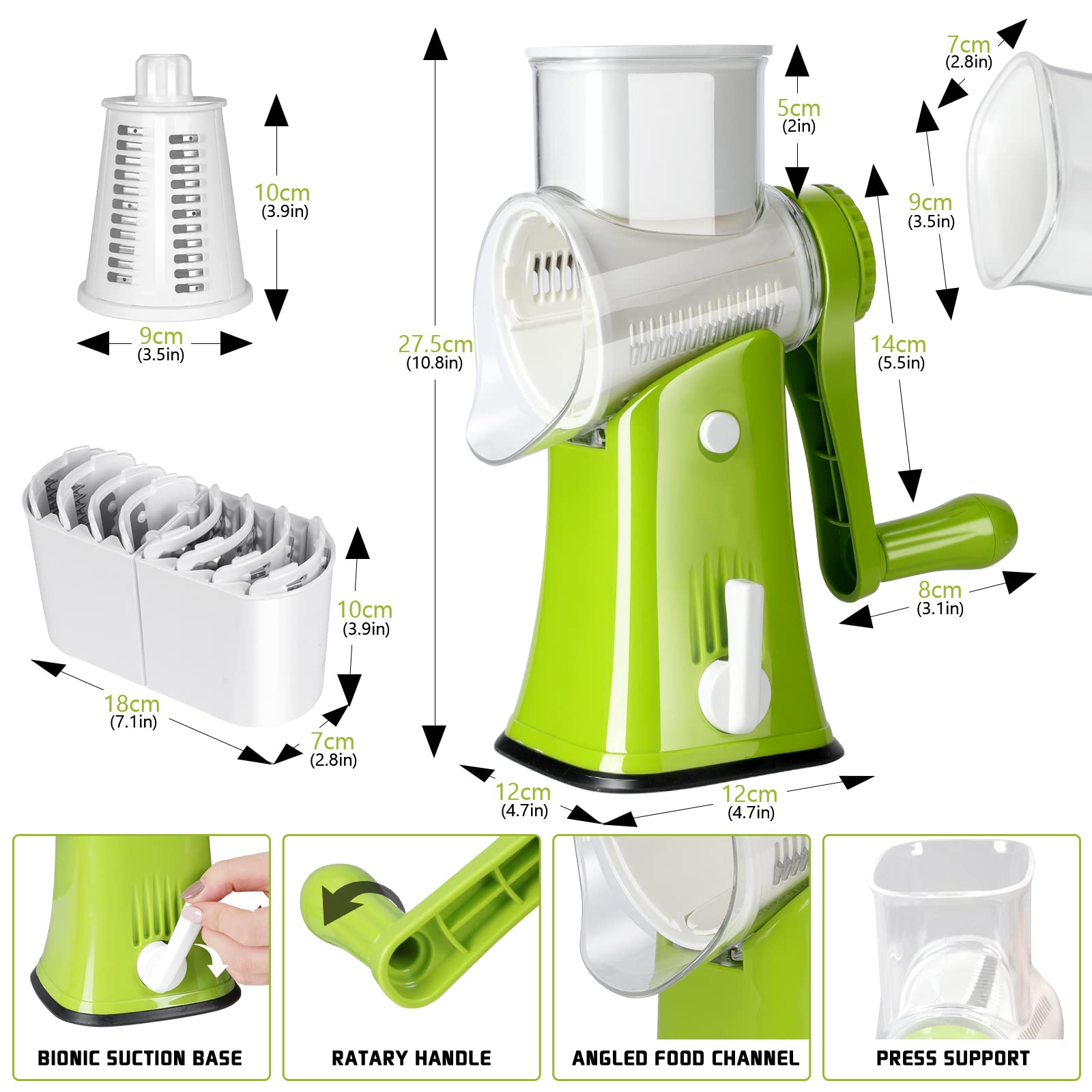 Masthome Rotary Cheese Grater, Kitchen Mandoline Vegetables Slicer with 5 Interchangeable Blades, Manual Cheese Grater Slicer for Cheese, Nuts, Fruit, Carrot, Cucumber-Green
