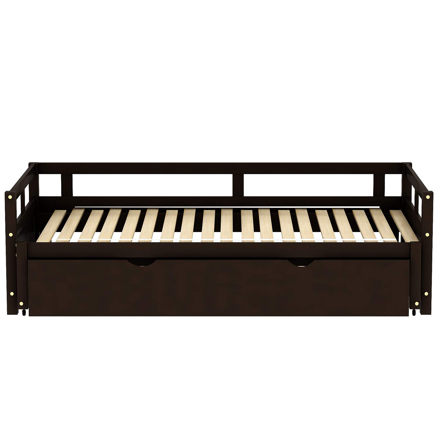 Wood Daybed with Roll Out Trundle Bed for Kids Teens Adult Extending Sofa Bed Frame with Wooden Slats Support for Small Space, Convertible Twin To King Size Design, No Box Spring Needed (Espresso)