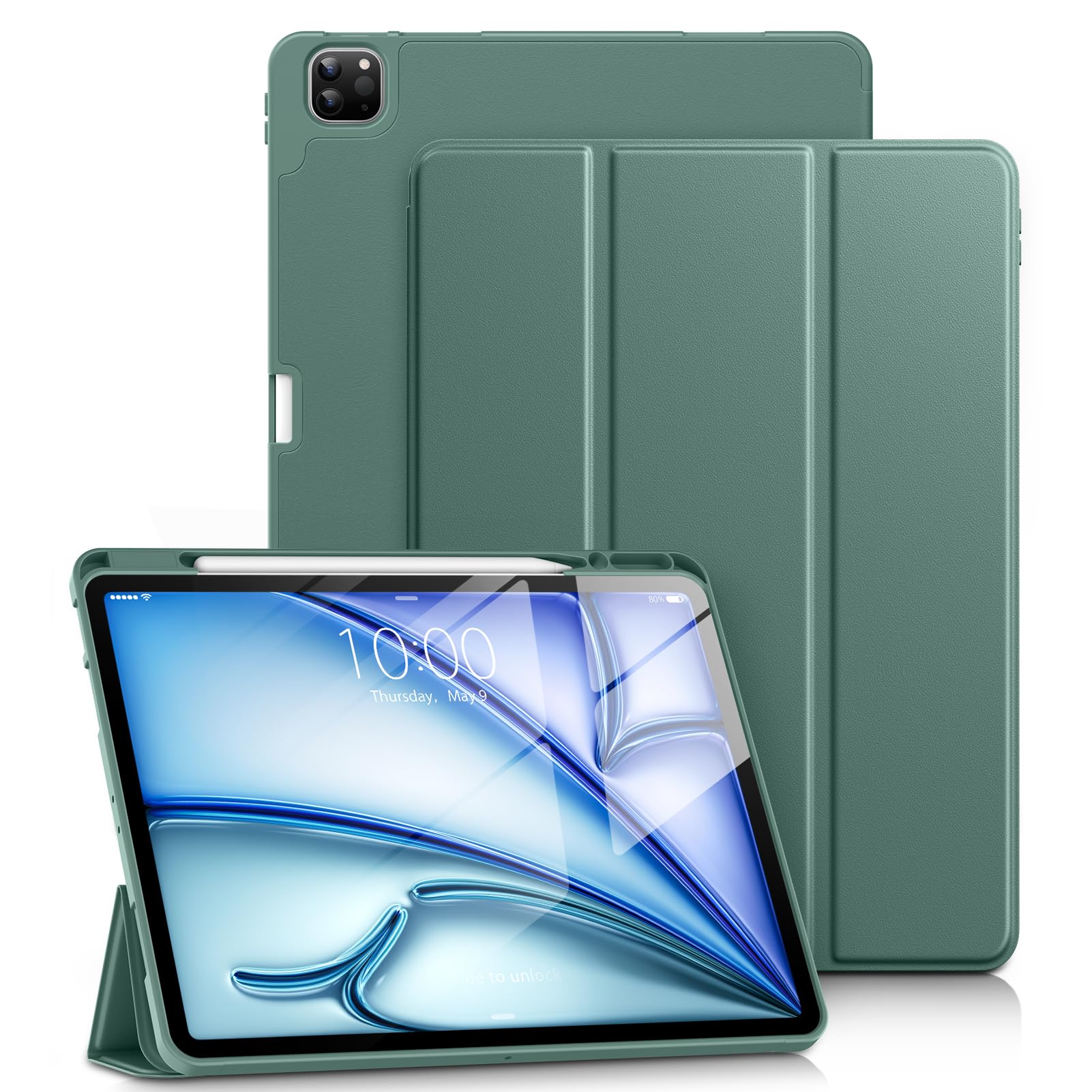 DTTO for iPad Air 13 Inch Case M3/M2 2025/2024, iPad Pro 12.9 Inch Case (6th/ 5th/ 4th/ 3rd Gen), Smart Slim Trifold Stand Soft Cover with Pencil Holder for iPad Air 13", Midnight Green