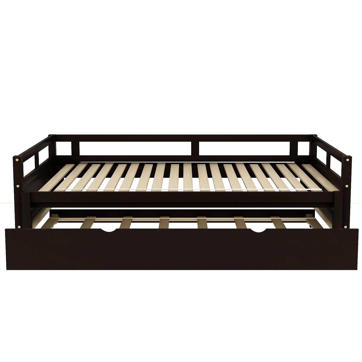 Wood Daybed with Roll Out Trundle Bed for Kids Teens Adult Extending Sofa Bed Frame with Wooden Slats Support for Small Space, Convertible Twin To King Size Design, No Box Spring Needed (Espresso)