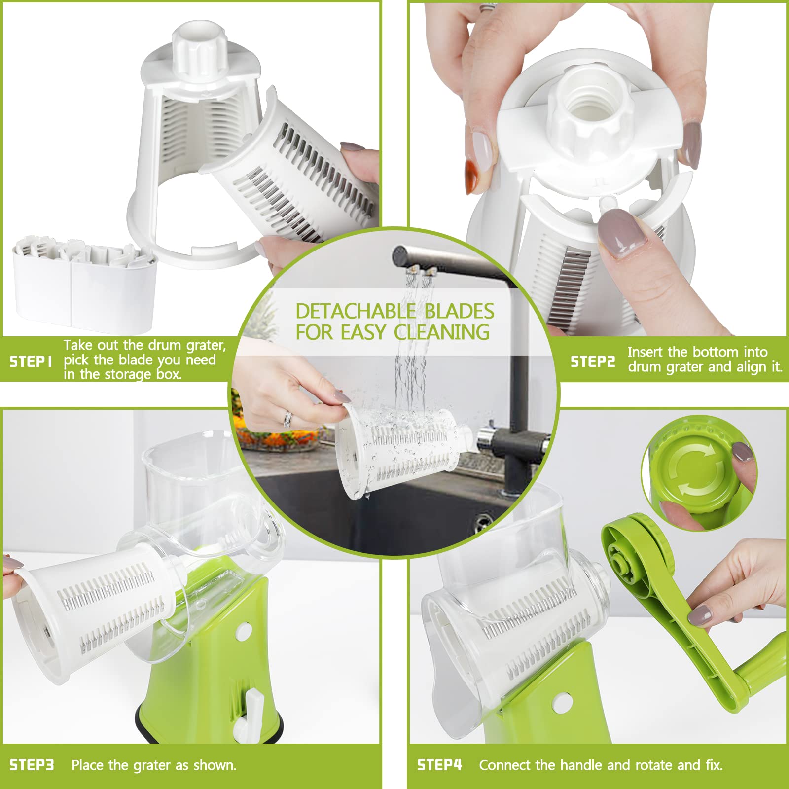 Masthome Rotary Cheese Grater, Kitchen Mandoline Vegetables Slicer with 5 Interchangeable Blades, Manual Cheese Grater Slicer for Cheese, Nuts, Fruit, Carrot, Cucumber-Green
