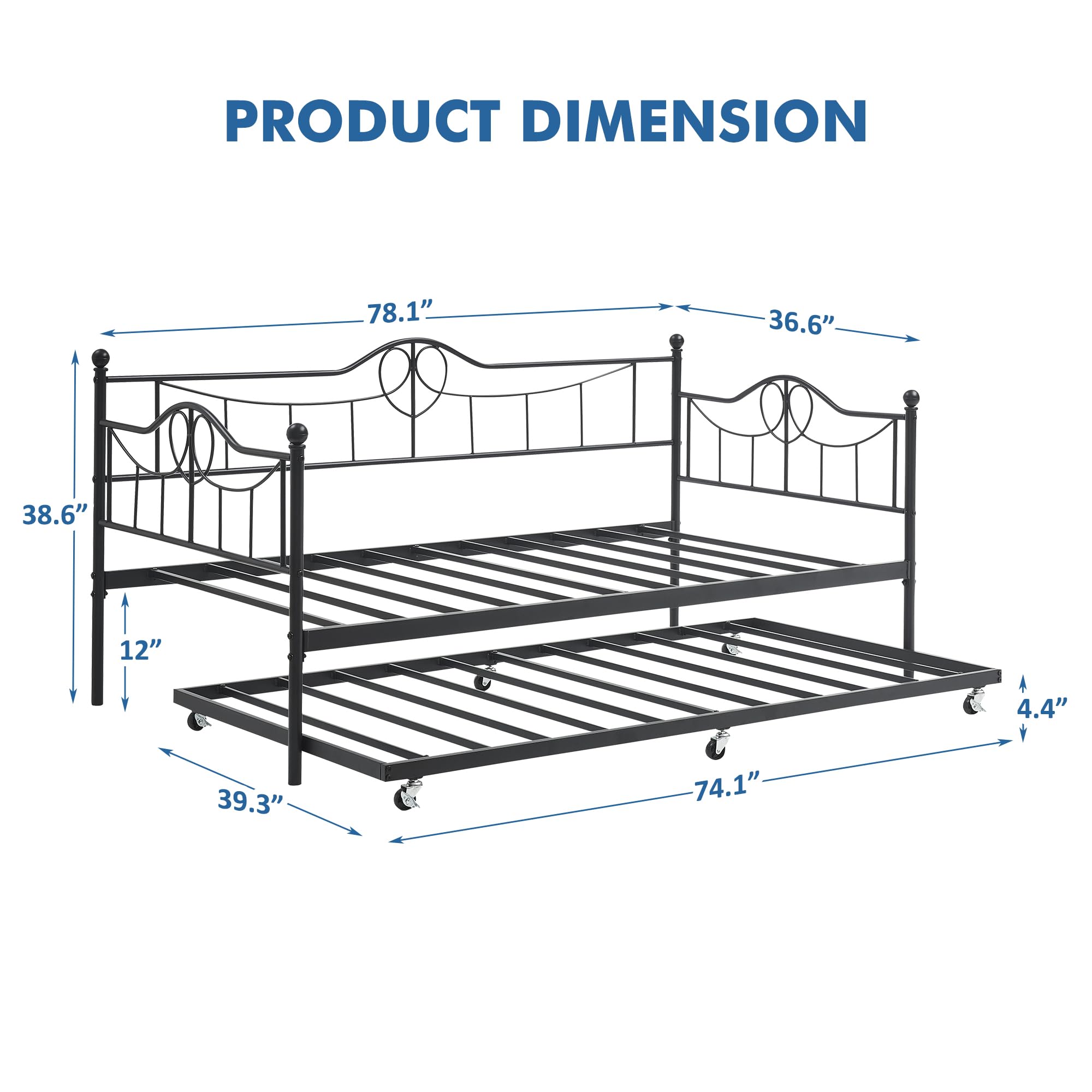 IDEALHOUSE Twin Bed with Trundle, Twin Daybed Metal Guest Sofa Bed Frame for Living Room, Bedroom, Heavy Duty, No Box Spring Needed, Space Saving, Black