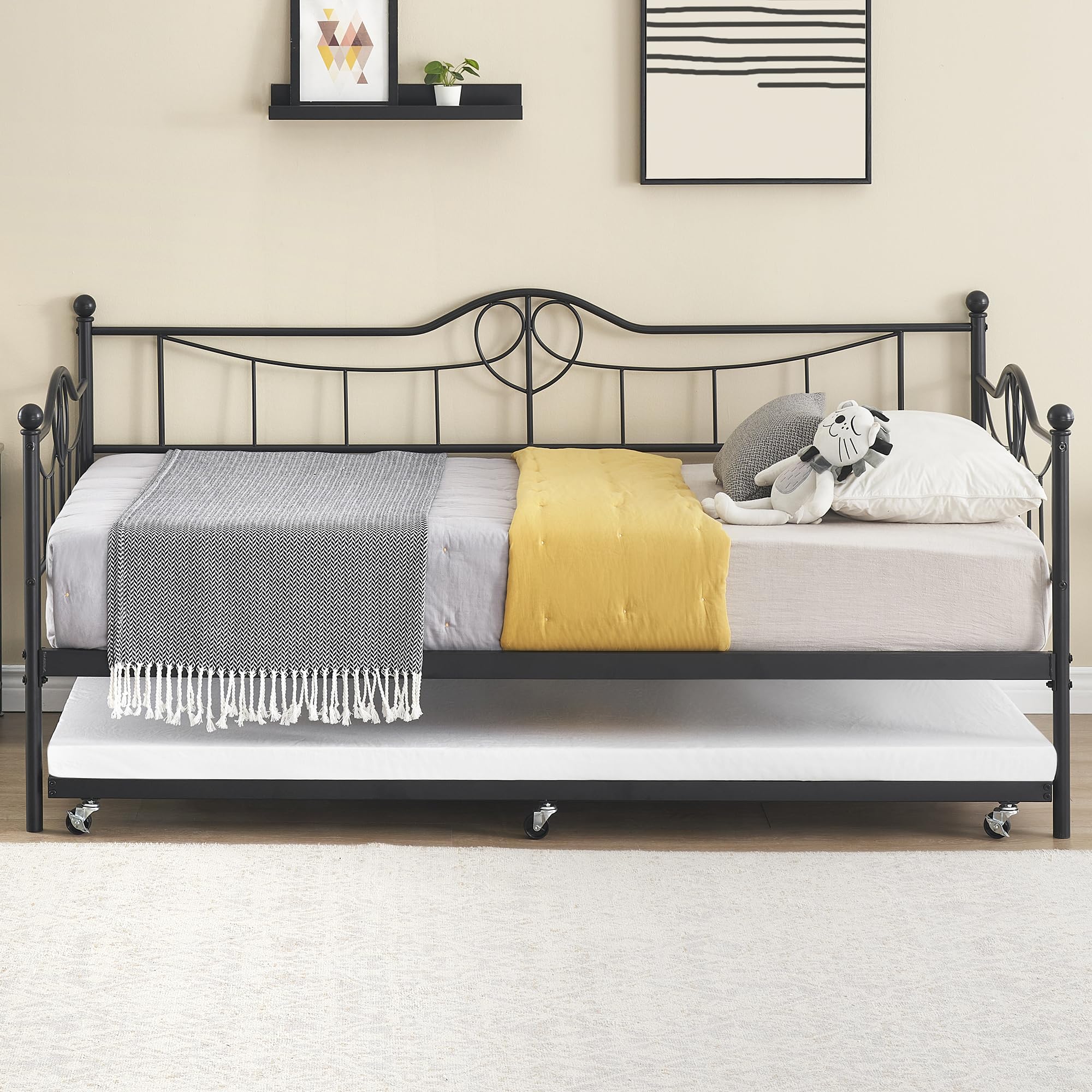 IDEALHOUSE Twin Bed with Trundle, Twin Daybed Metal Guest Sofa Bed Frame for Living Room, Bedroom, Heavy Duty, No Box Spring Needed, Space Saving, Black