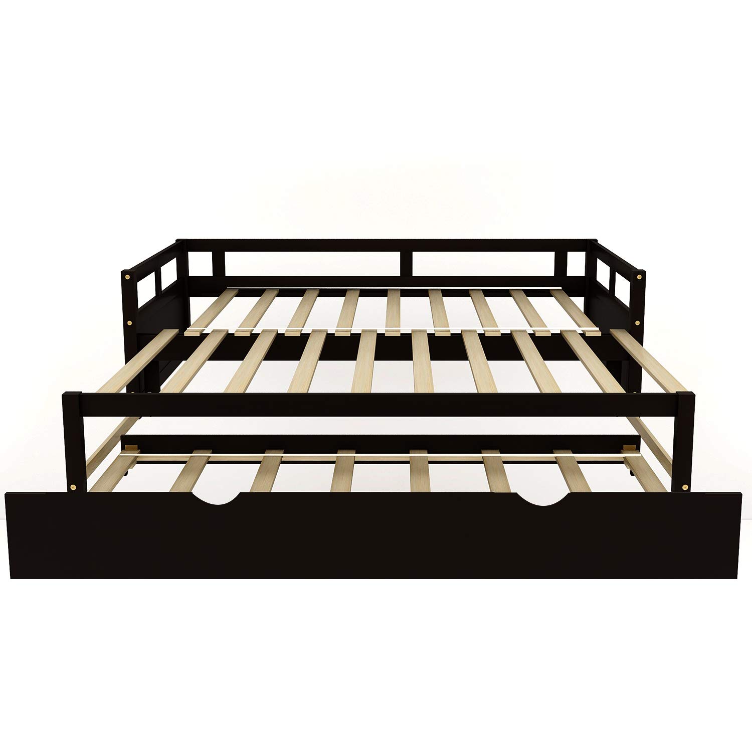 Wood Daybed with Roll Out Trundle Bed for Kids Teens Adult Extending Sofa Bed Frame with Wooden Slats Support for Small Space, Convertible Twin To King Size Design, No Box Spring Needed (Espresso)