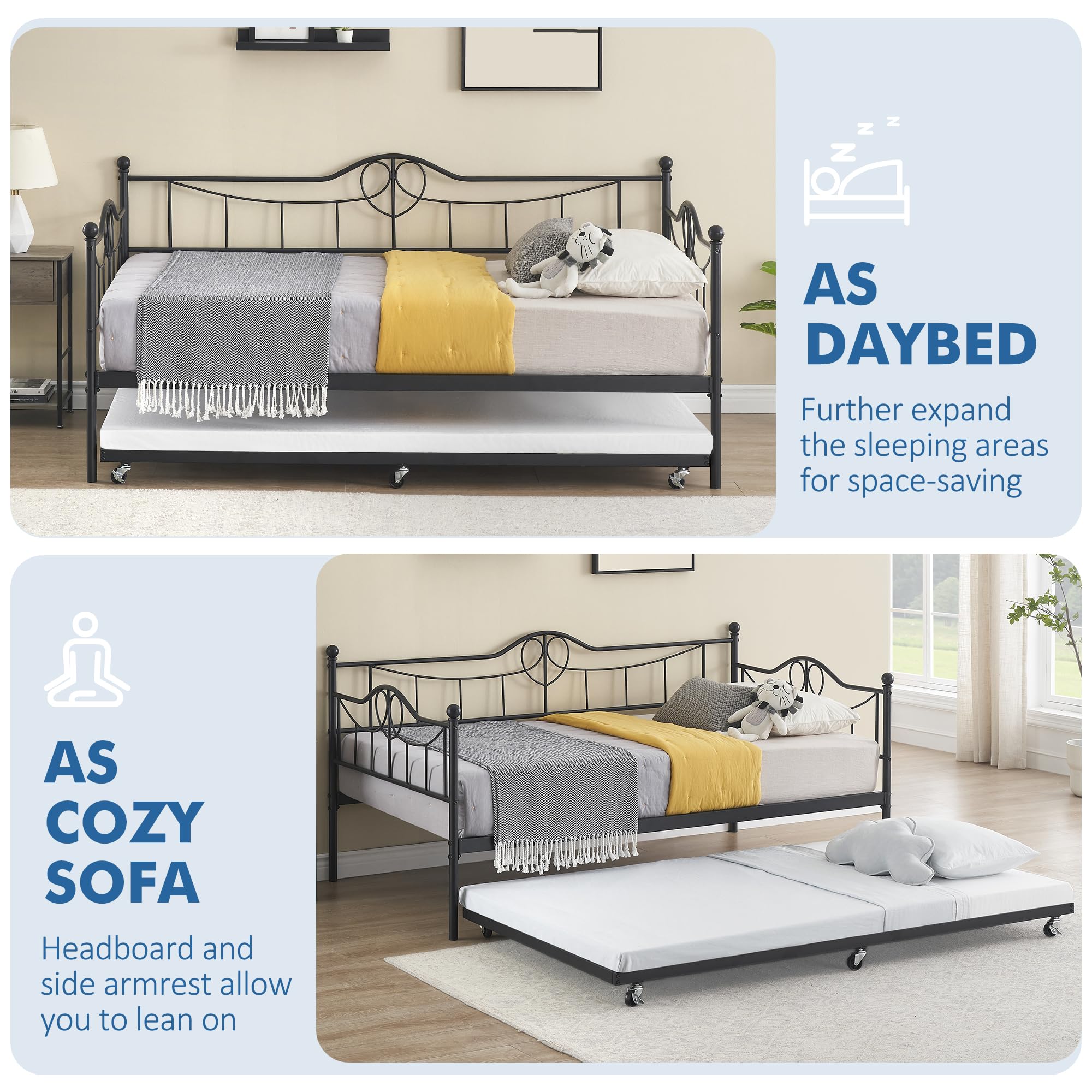 IDEALHOUSE Twin Bed with Trundle, Twin Daybed Metal Guest Sofa Bed Frame for Living Room, Bedroom, Heavy Duty, No Box Spring Needed, Space Saving, Black