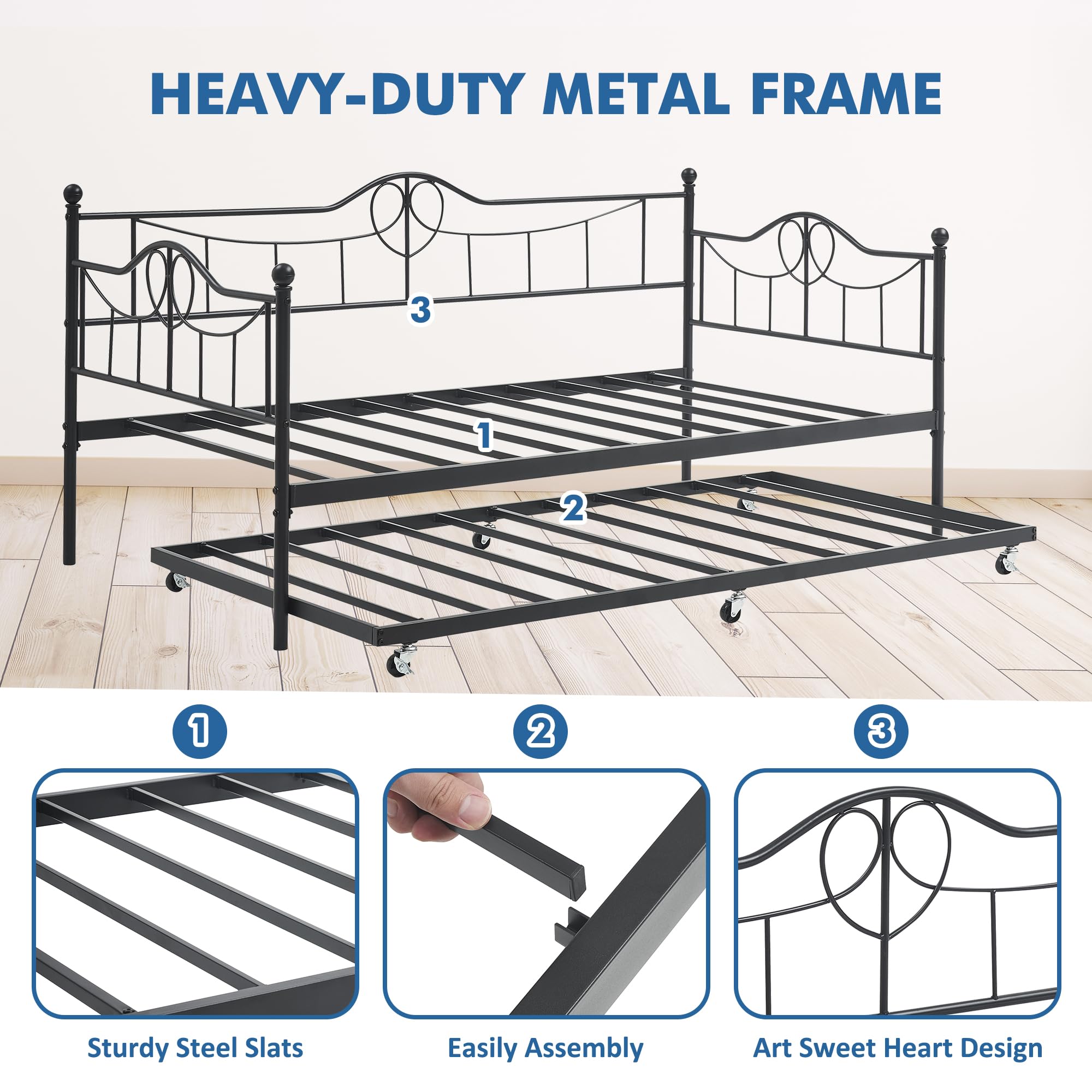 IDEALHOUSE Twin Bed with Trundle, Twin Daybed Metal Guest Sofa Bed Frame for Living Room, Bedroom, Heavy Duty, No Box Spring Needed, Space Saving, Black