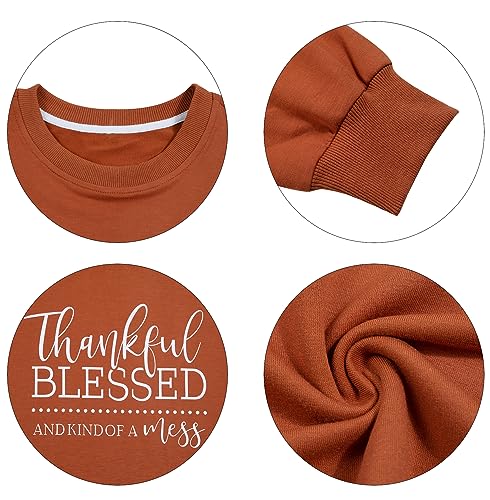 KIMSOONG Oversized Thanksgiving Sweatshirts for Women Thankful Blessed and Kind Of a Mess Sweatshirt Thanksgiving Shirt Brown