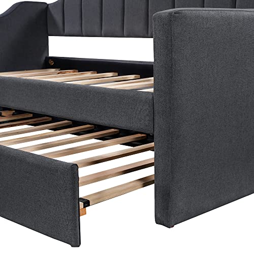 FIQHOME Daybed with Trundle,Upholstered Twin Daybed with Trundle, Modern Wood Sofa Bed for for Living Room and Bedroom,No Spring Box Needed, Black
