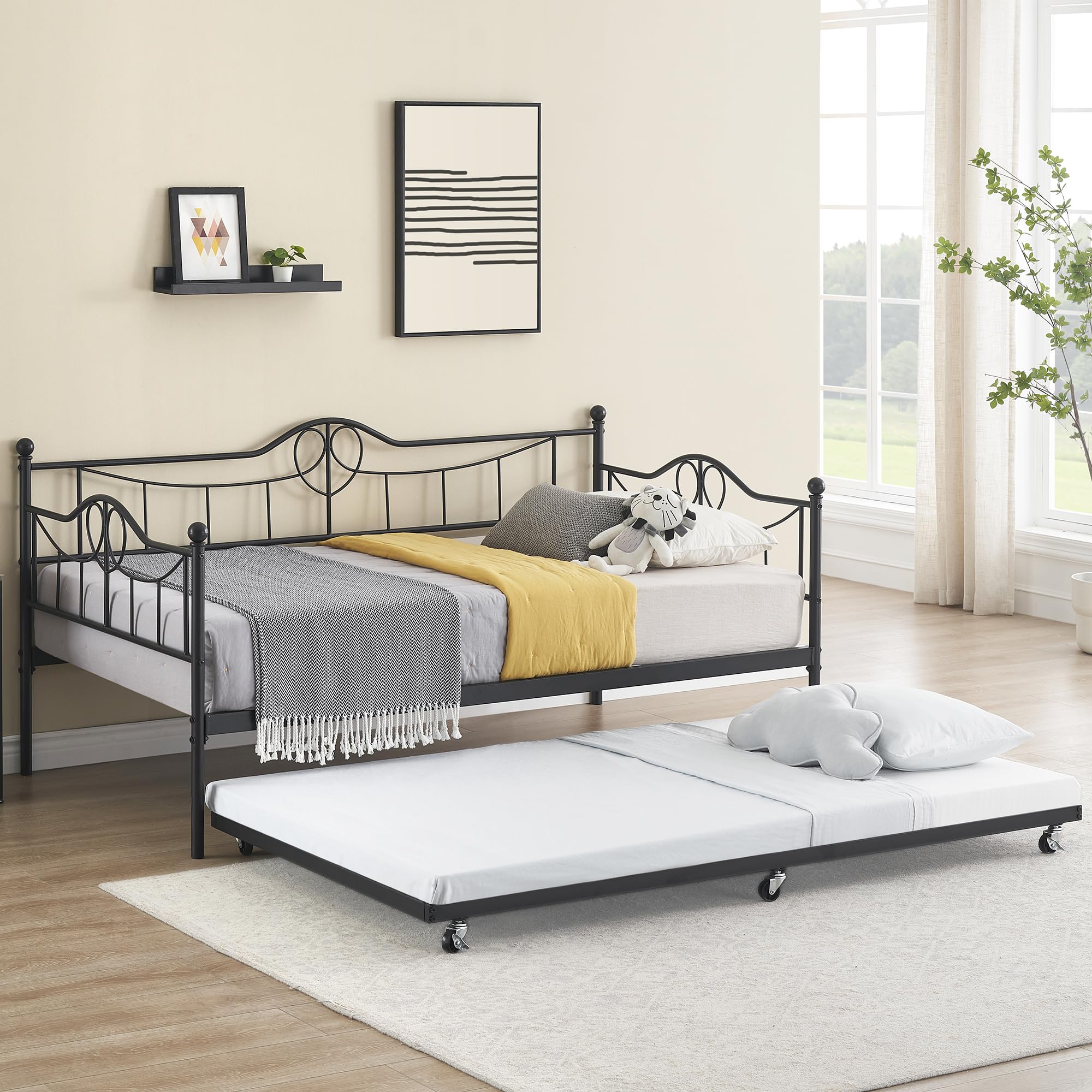 IDEALHOUSE Twin Bed with Trundle, Twin Daybed Metal Guest Sofa Bed Frame for Living Room, Bedroom, Heavy Duty, No Box Spring Needed, Space Saving, Black