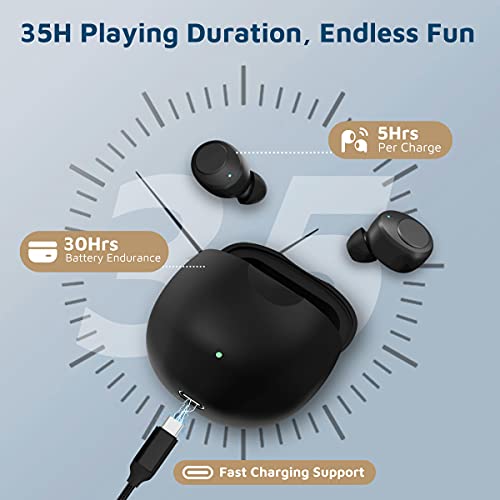 Lasuney T20 True Wireless Earbuds, IPX7 Waterproof Bluetooth Earbuds, 35H Cyclic Playtime Headphones with Charging Case and mic for iPhone Android, in-Ear Stereo Earphones Headset for Sport